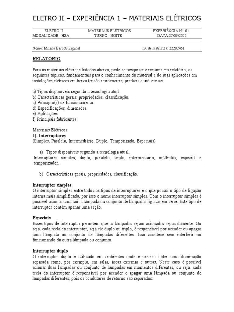 Eletro II Exp1 - Materiais Elétricos - Relatório Milene | PDF | Lâmpada incandescente | Condutor ...