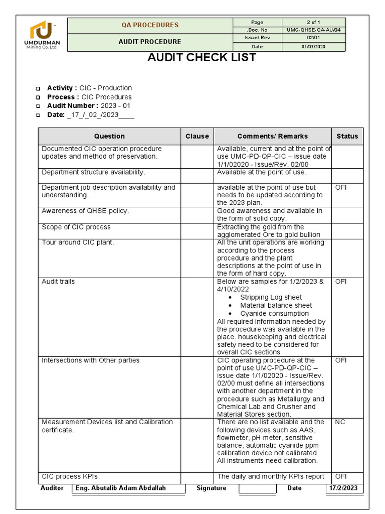 CIC Audit Checklist | PDF | Audit | Calibration