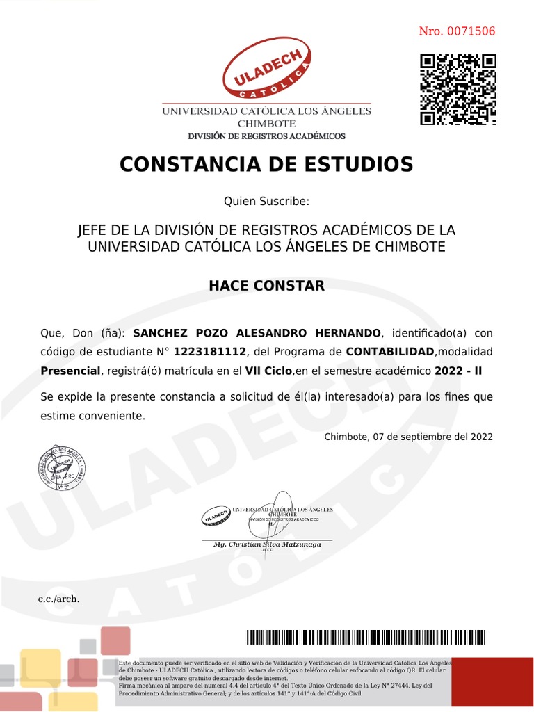 Constancia de Estudios: Jefe de La División de Registros Académicos de La Universidad Católica ...