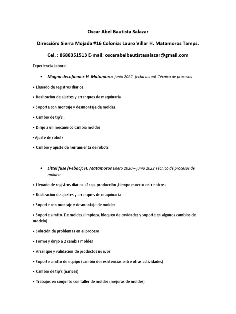Técnico de Moldeo con Amplia Experiencia | PDF | Coche | Vehículo de motor