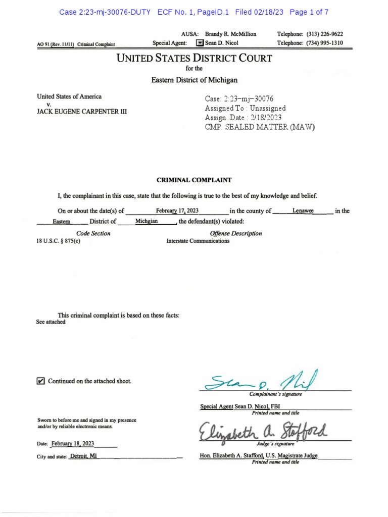 Criminal Complaint: Jack Carpenter III | PDF | Complaint | Justice