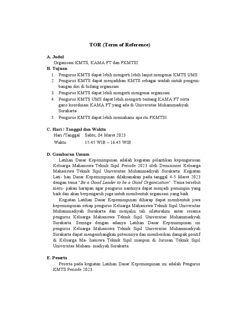 Tor Organisasi KMTS, Kama FT, Dan Fkmtsi 2023 | PDF