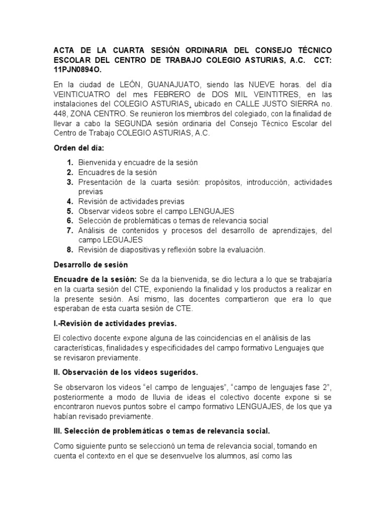Acta de Sesión de Cte. 4 | PDF | Enseñando | Maestros