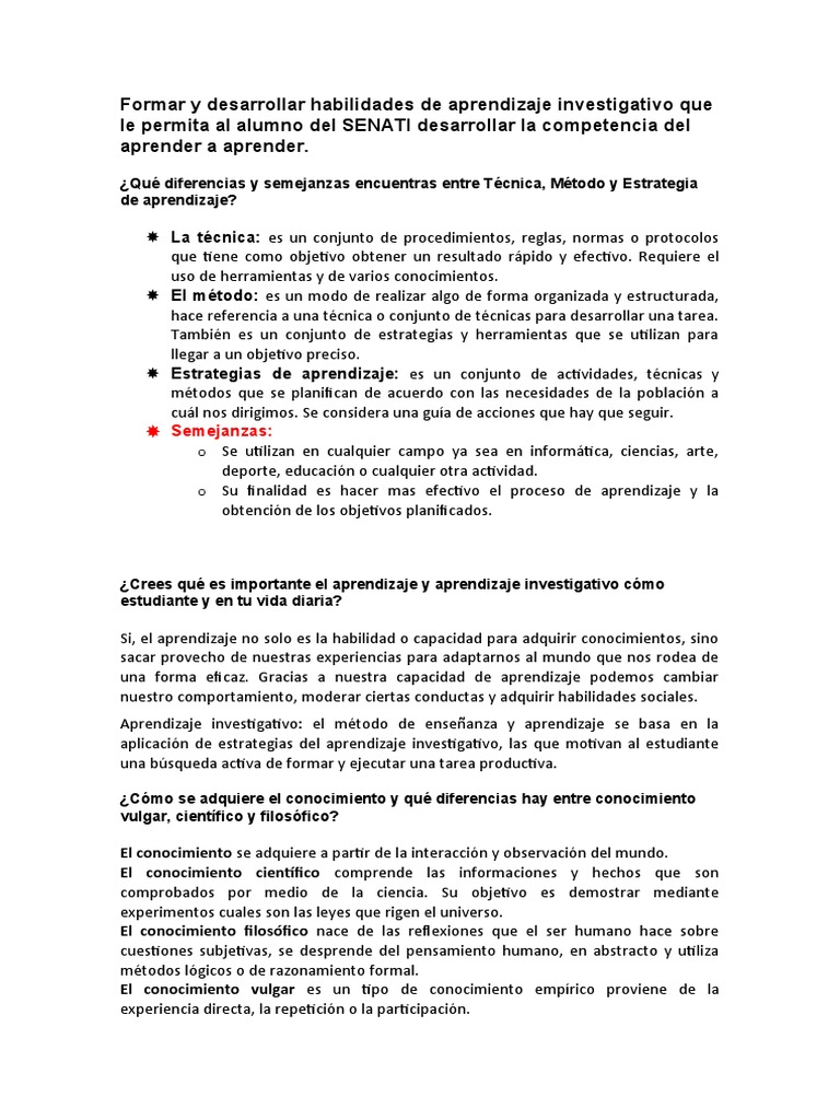 Formar y Desarrollar Habilidades de Aprendizaje Investigativo Que Le Permita Al Alumno Del ...