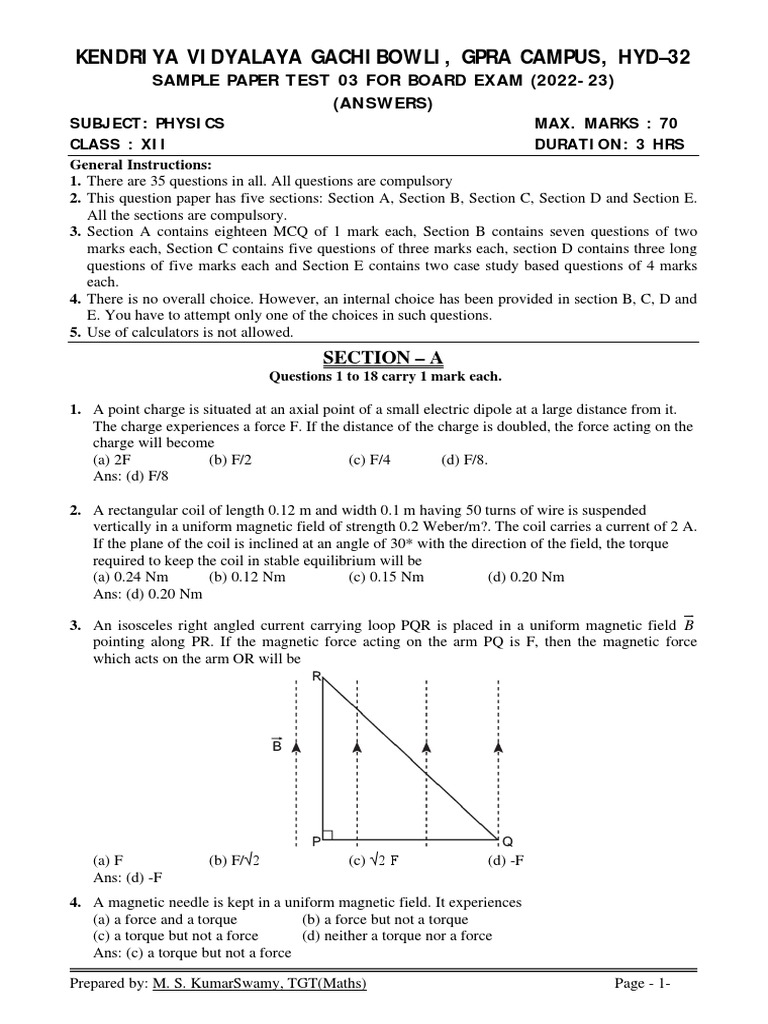 Physics Class Xii Sample Paper Test 03 For Board Exam 2023 Answers ...