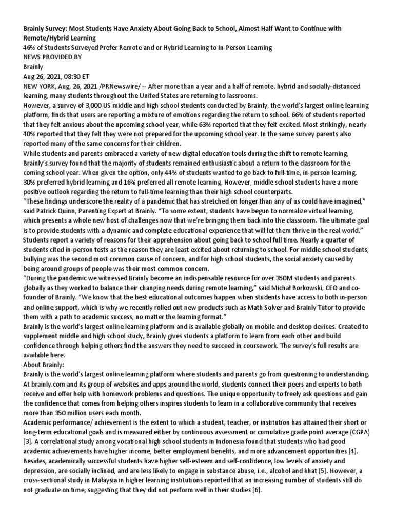 Brainly Survey: Most Students Have Anxiety About Going Back To School, Almost Half Want To ...