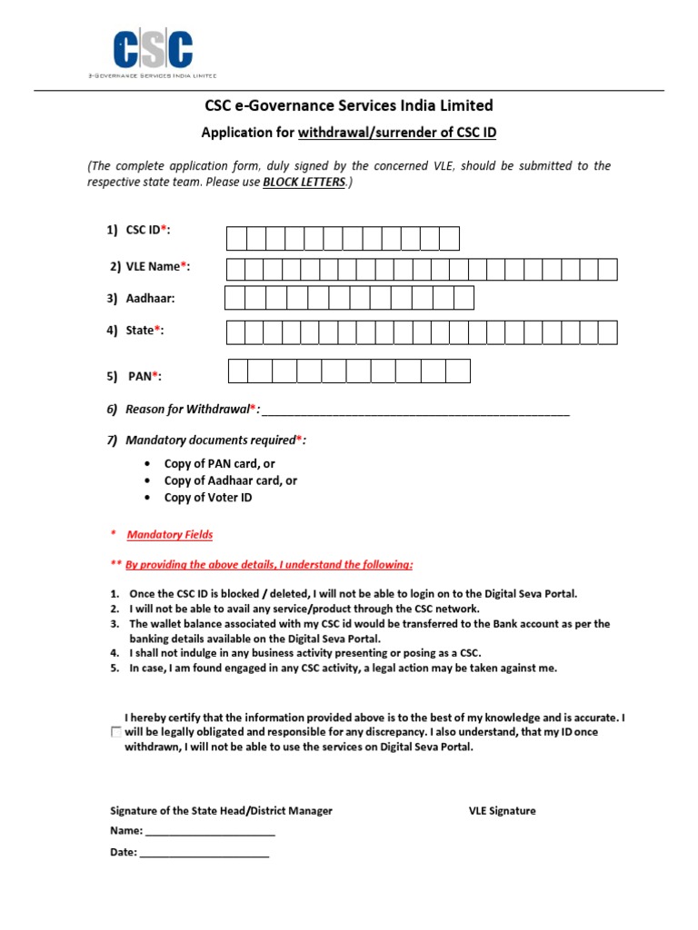 Application For Withdrawal of CSC Id | PDF