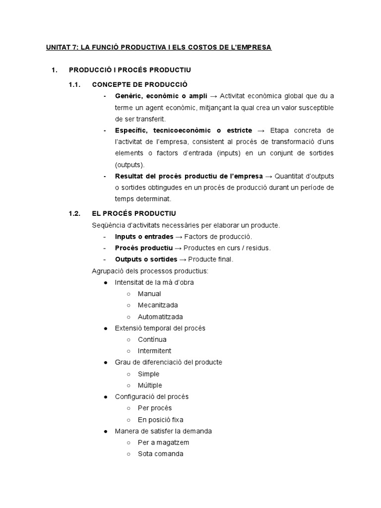 Unitat 7 - Funció Productiva I Els Costos de L'empresa | PDF