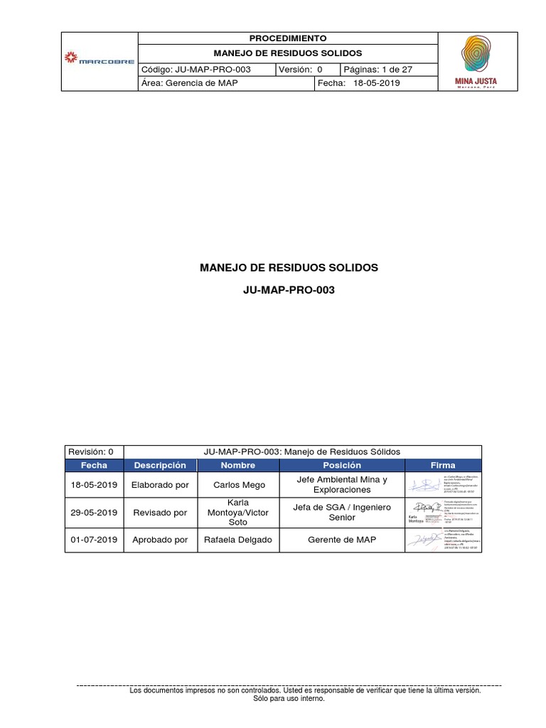 JU-MAP-PRO-003-Manejo de Residuos Solidos-Rev. 0 | PDF | Residuos ...