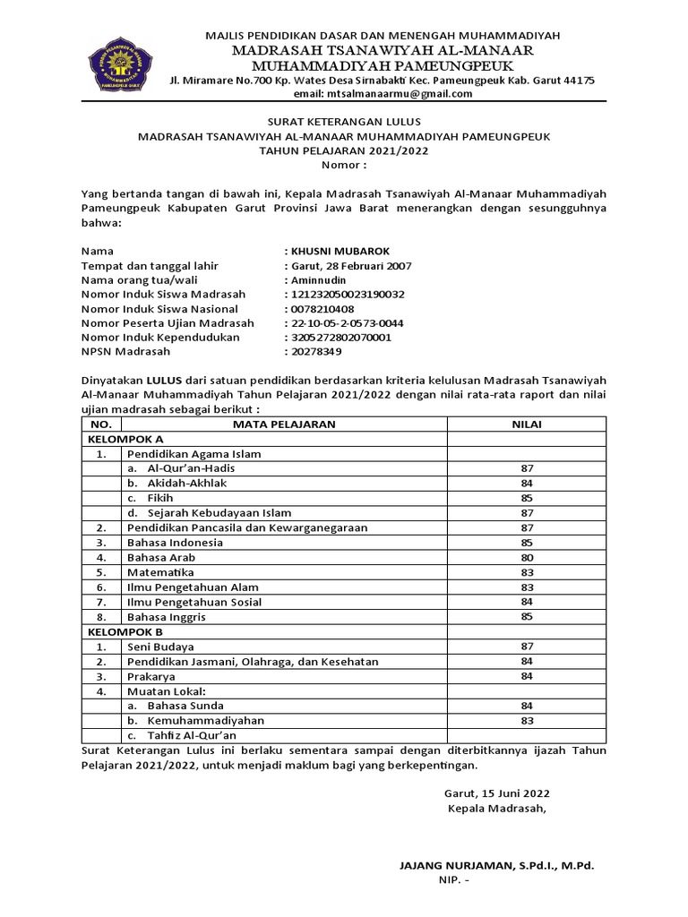 1. Surat Keterangan Kelulusan 2021-2022 | PDF