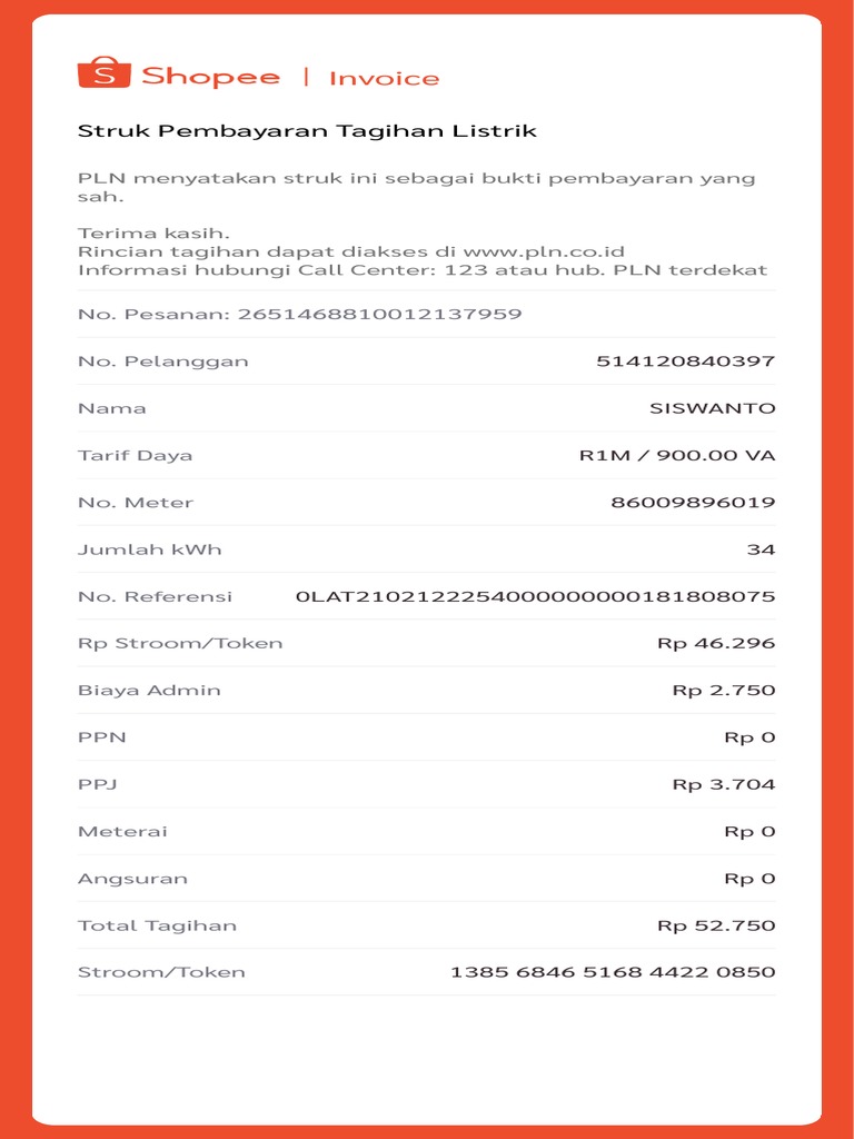 Invoice: Struk Pembayaran Tagihan Listrik | PDF