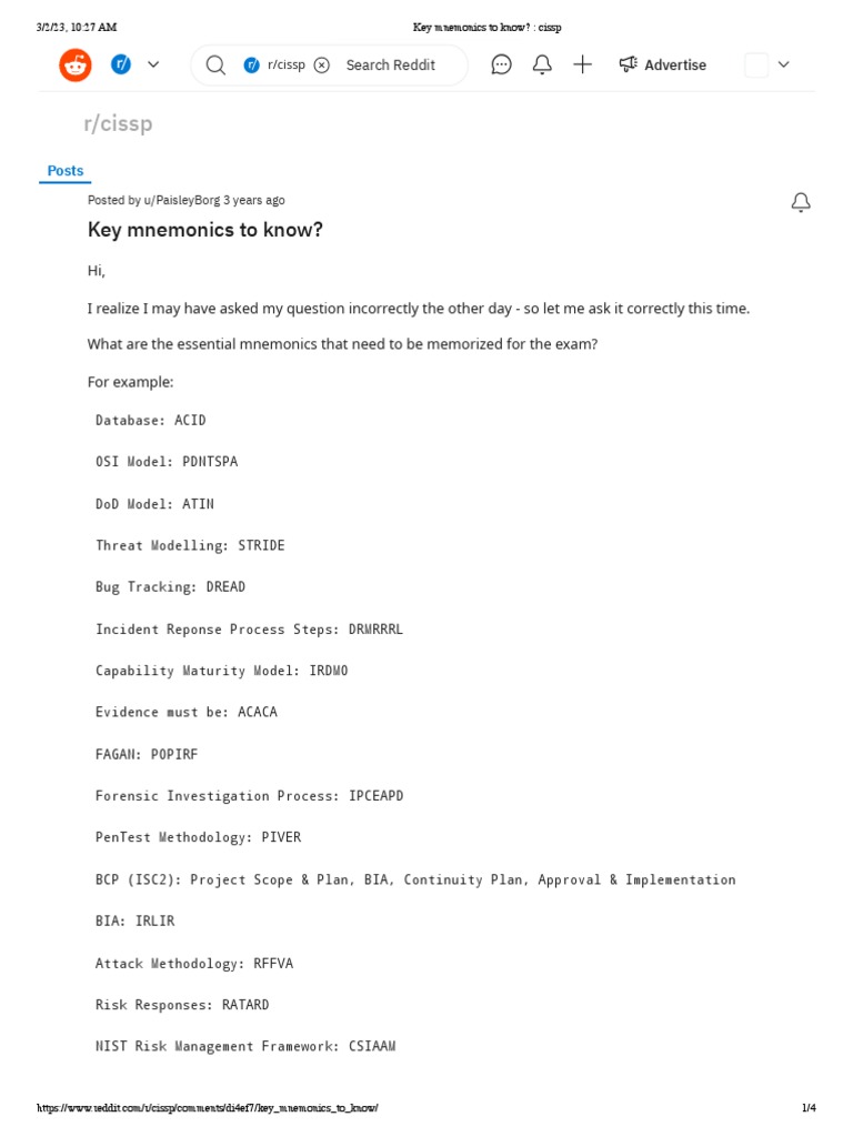 Essential CISSP Mnemonics Guide | PDF | Computing | Information Technology