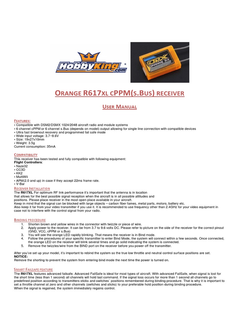 Orange R617XL CPPM (S.bus) Receiver | PDF | Radio | Telecommunications Engineering