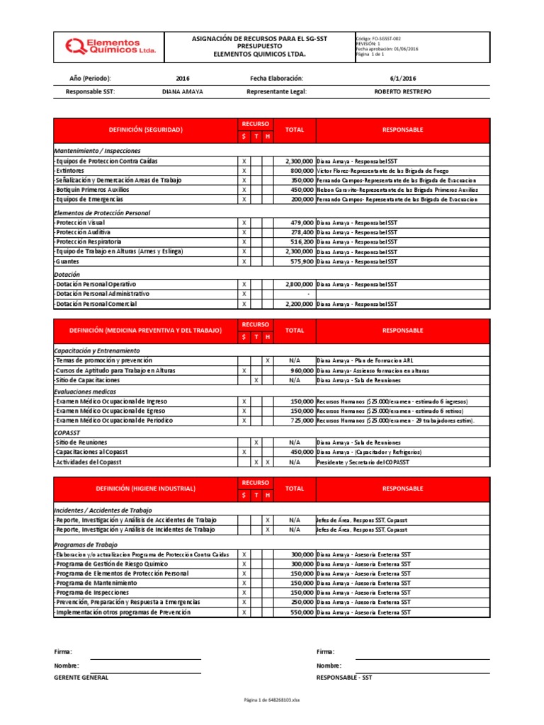 Formato Asignación de Recursos y Presupuesto SG-SST | PDF | Higiene ...