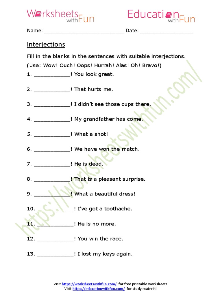 Interjections Worksheet 1 | PDF