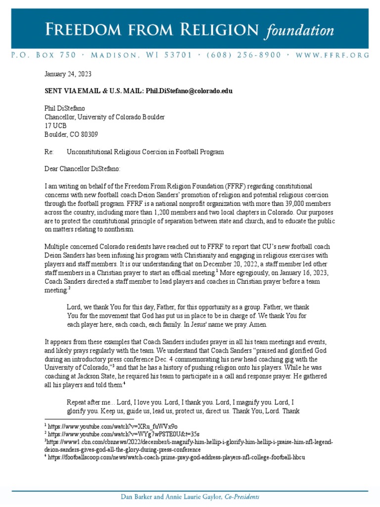 FFRF Letter | PDF | Law Of The United States | First Amendment To The ...
