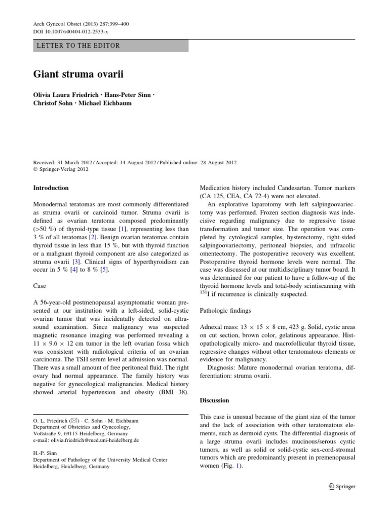 2 2013 Giant Struma Ovarii | PDF | Ovarian Cancer | Medical Specialties
