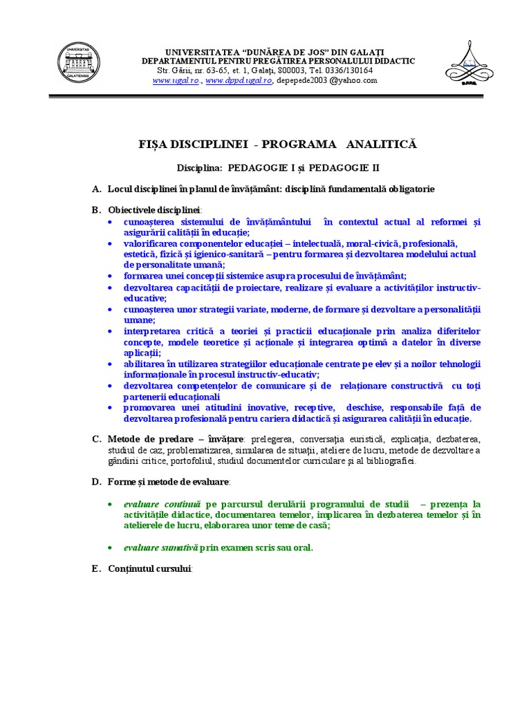 Programa Pedagogie I Si Ii Pdf