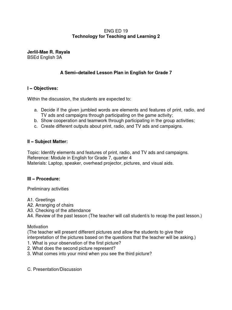 Edited Semi-Detailed Lesson Plan - Rayala, Jerlil-Mae R. | PDF ...