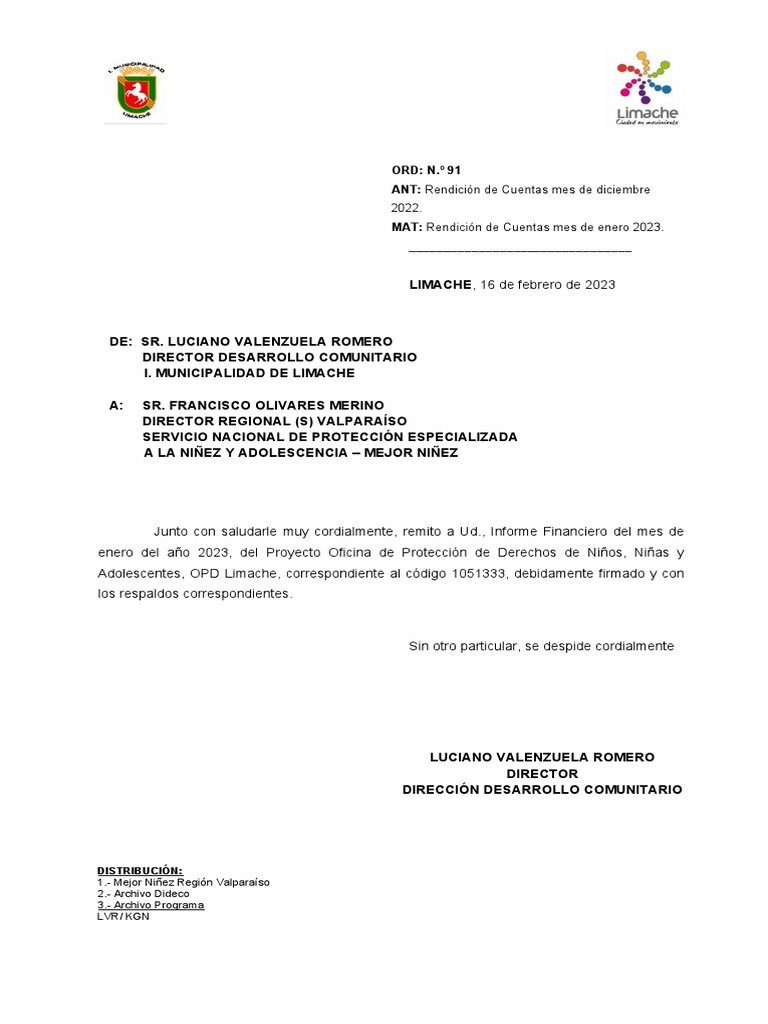 Oficio Conductor Rendición Enero 2023 OPD Limache | PDF
