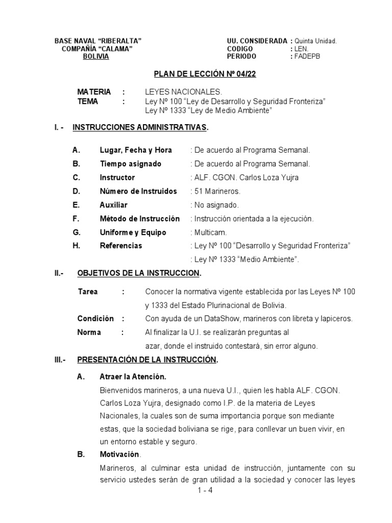 Plan de Leccion 04 Ley No 100 y 1333 | PDF | Sustentabilidad | Estado ...