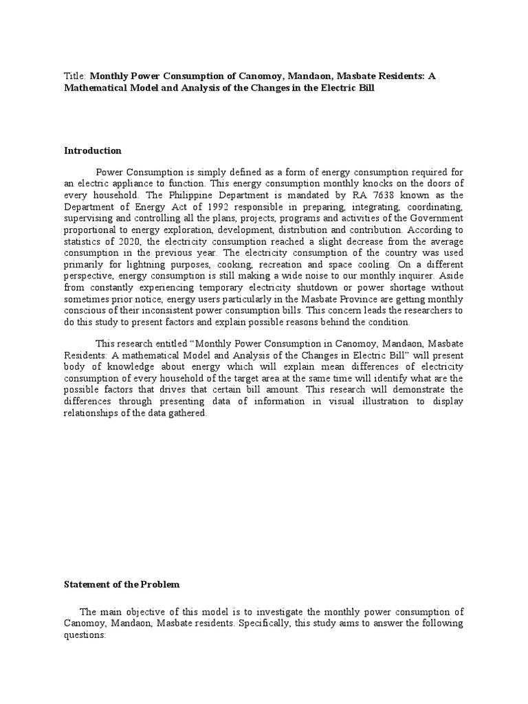 Title - Monthly Power Consumption of Canomoy Mandaon Masbate Residents ...