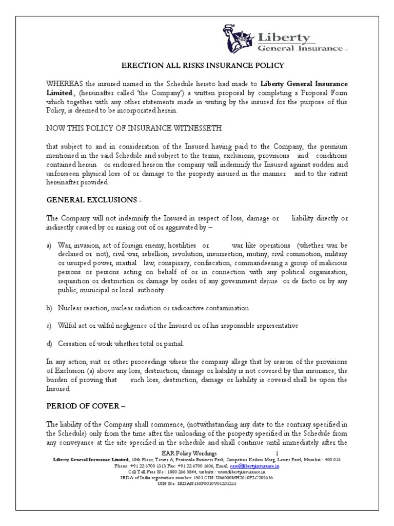 ERECTION ALL RISKS - Policy Wording | PDF | Insurance | Indemnity