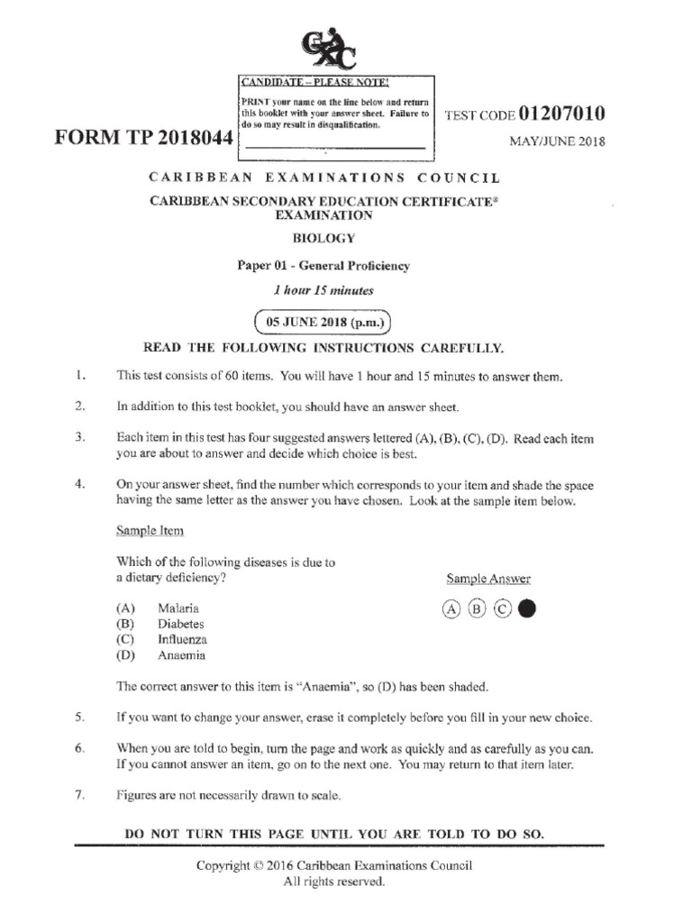 CSEC Biology Past Papers 1 - 2018 | PDF