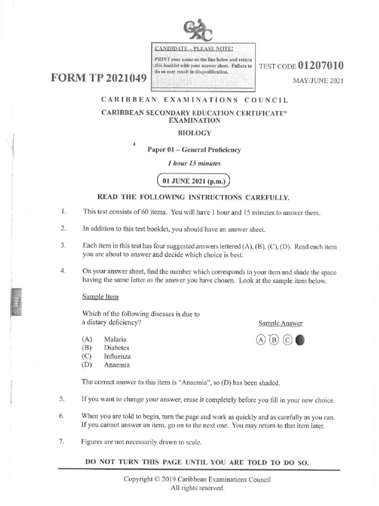 CSEC Biology Past Papers 1 - 2021 | PDF