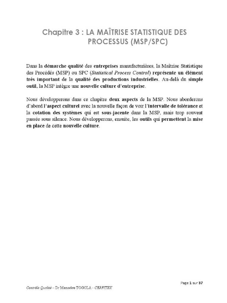 3 Chapitre 3 La Maîtrise Statistique Des Processus MSP-SPC - M1gi | PDF