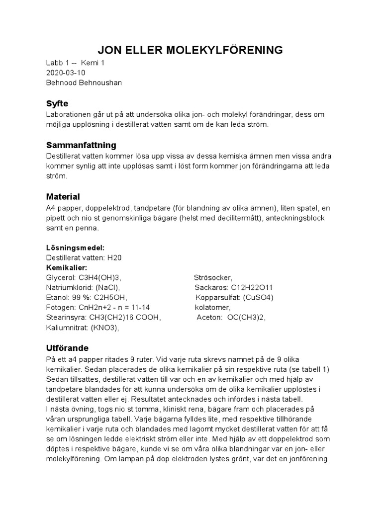 Kemi 1, Uppdrag 1, Rapport | PDF