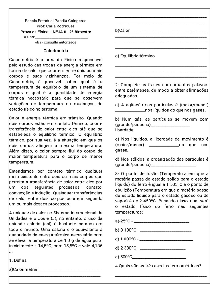 Prova Fisica Neja 2 Pandia Calogeras | PDF | Calor | Temperatura