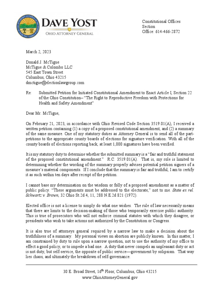 AG Letter Re Reproductive Rights Petition Certification 03022023 | PDF ...