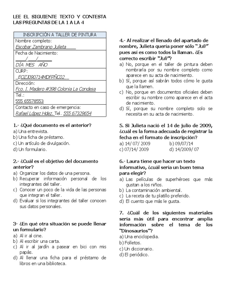 INTRUMENTO (EXAMEN) Español 4° Grado | PDF