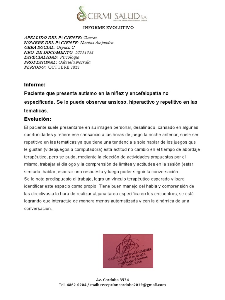 Informe evolutivo Nicolás Cuervo autismo | PDF | Conceptos psicologicos ...