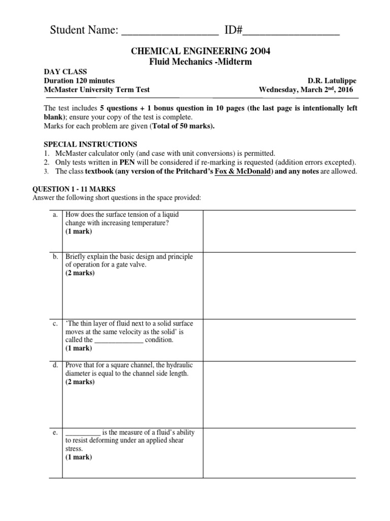 Chemical Engineering Fluid Mechanics Midterm | PDF | Fluid | Pressure