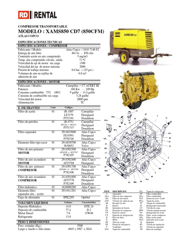 Compresor 850 CFM ATLAS COPCO XAMS850 CD7 | PDF | Ingeniería mecánica ...
