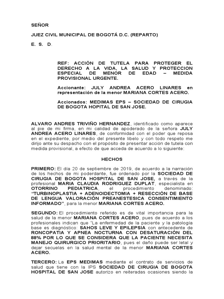 Modelo Tutela July Acero Medida Provisional | PDF | Caso de ley | Paciente