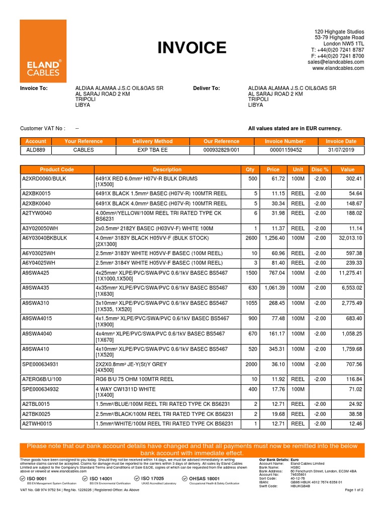 Eland Cables Invoice 00001159452 | PDF | Invoice | Value Added Tax