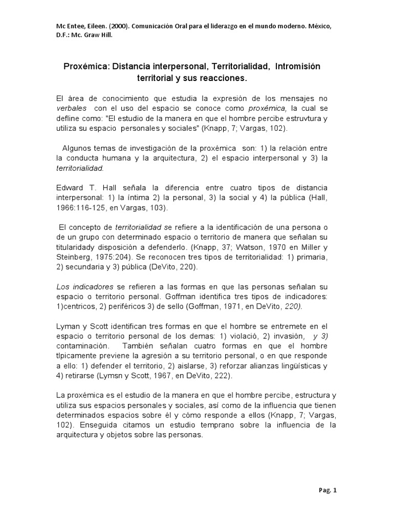 Proxémica, Distancia Interpersonal, Territorialidad y Sus Reacciones ...
