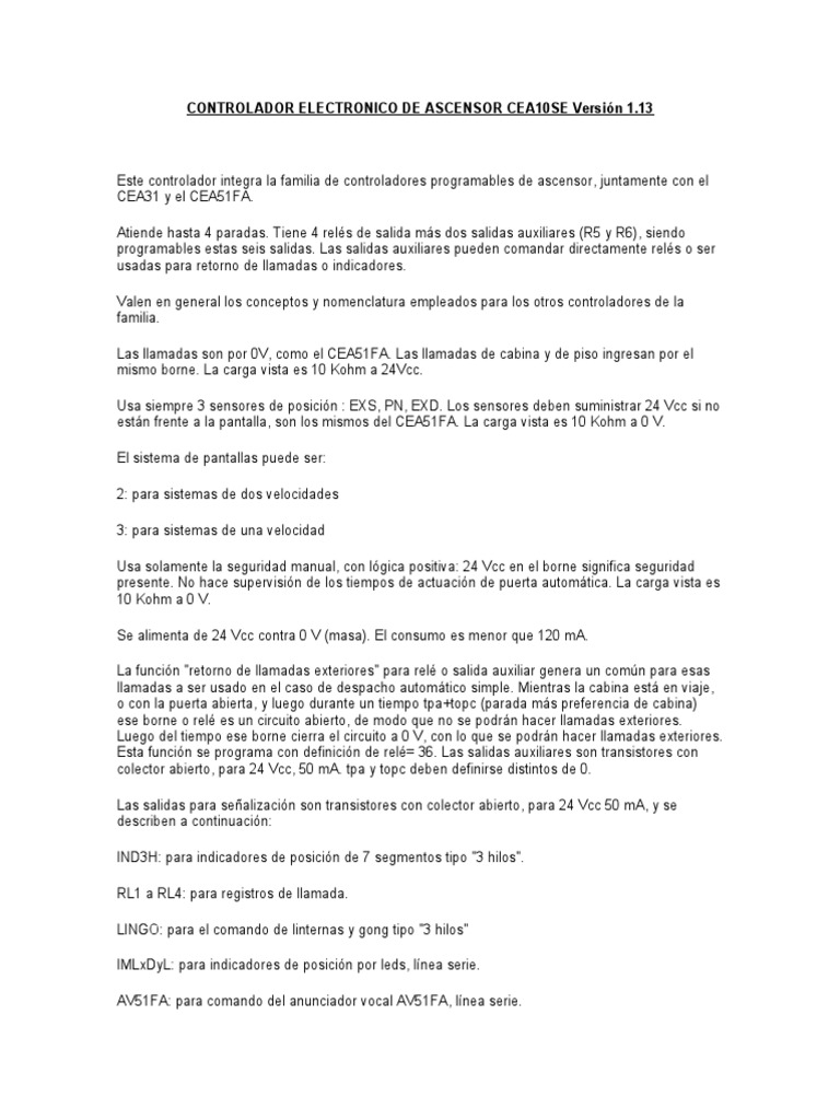 Manual Del Usuario CEA 10SE | PDF | Relé | Ascensor