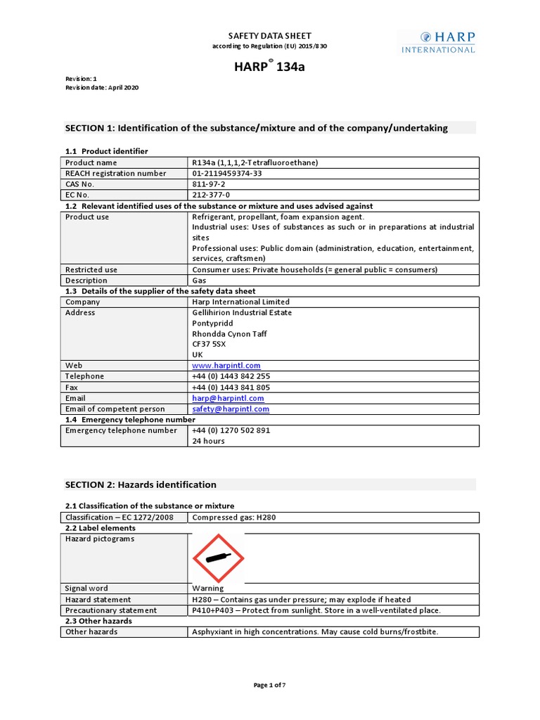 Harp R134a CLP | PDF | Toxicity | Personal Protective Equipment