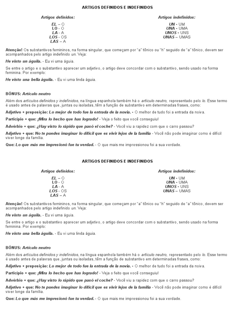 Artigos Definidos e Indefinidos em Espanhol | PDF | Adjetivo | Substantivo