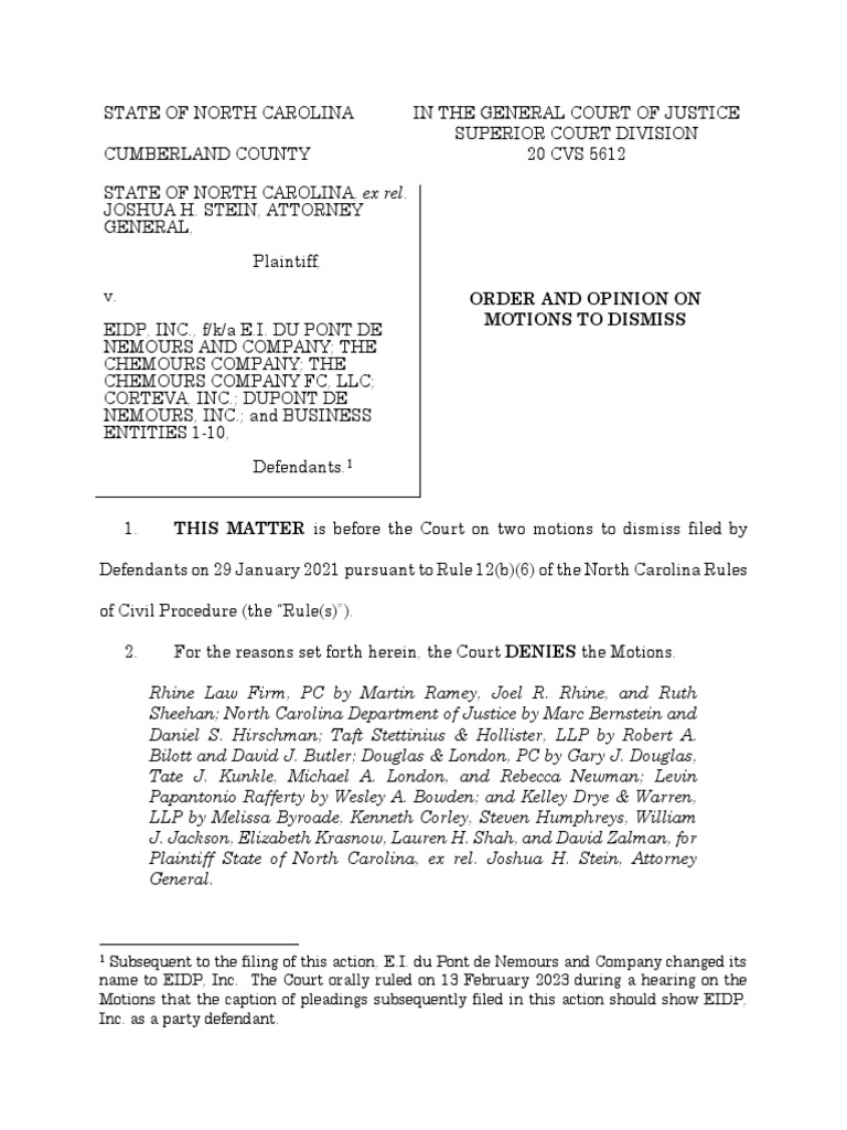 Order To Dismiss Defendants Dupont and Chemours | PDF