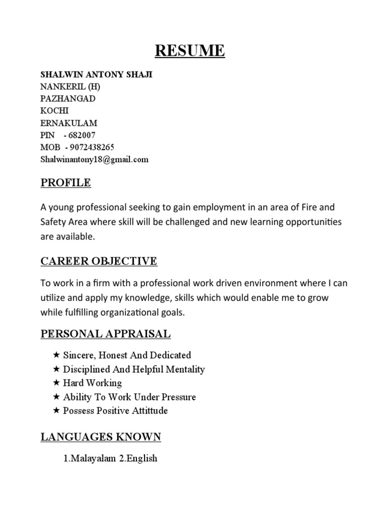 Fire and Safety Resume of Shalwin Antony | PDF