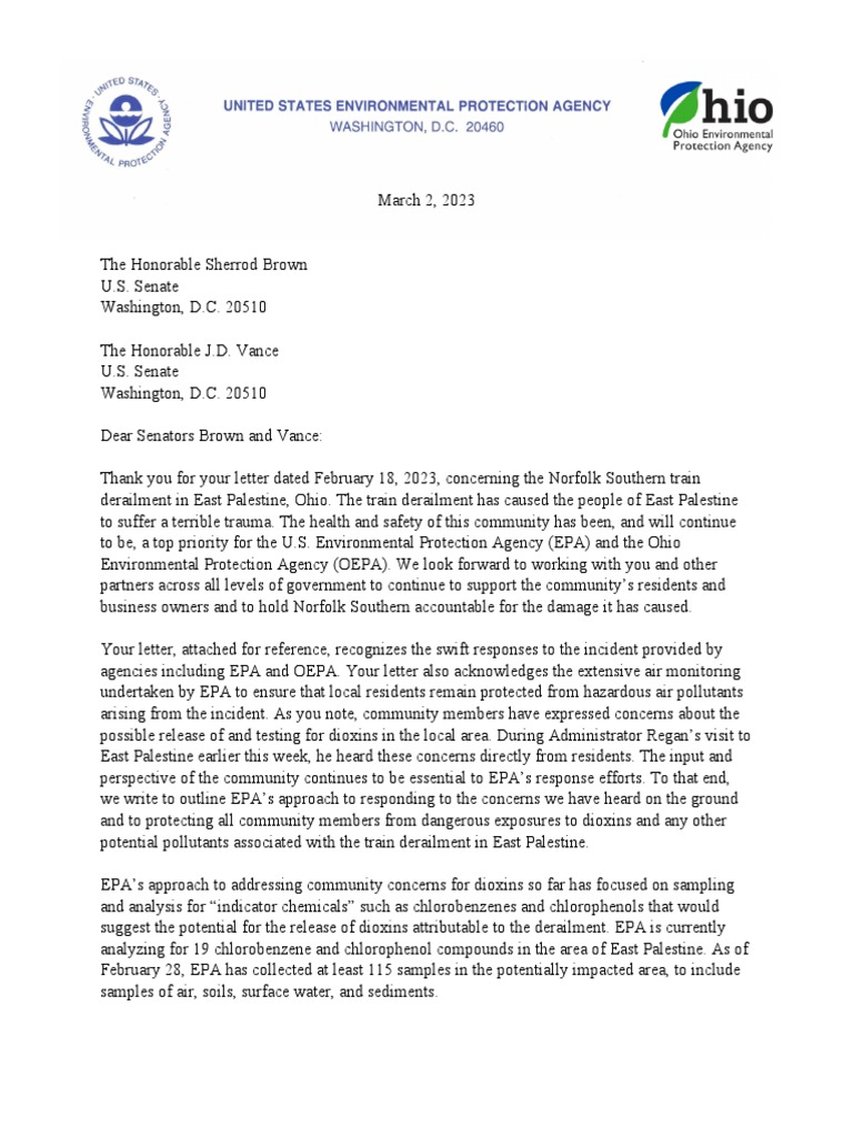 EPA OEPA Letter To Sens Brown and Vance | PDF | United States ...