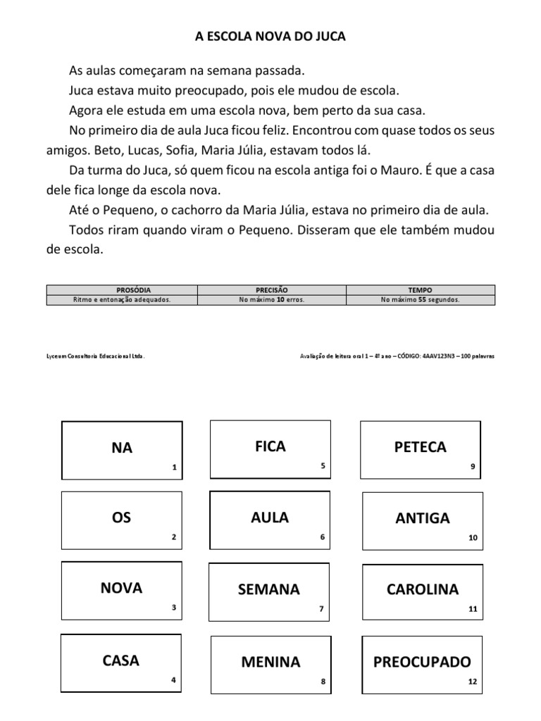 4 Ano Av1 Leitura Oral 2023 | PDF