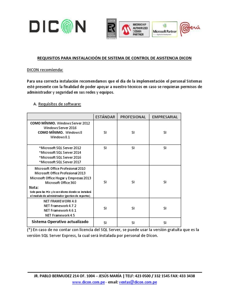 Requisitos para Instalación de Software Dicon | PDF | Servidor SQL de Microsoft | Microsoft Windows