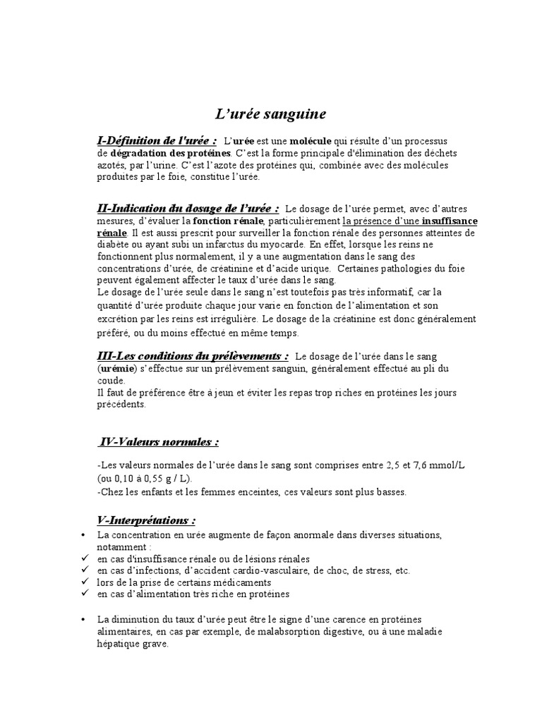 L'urée sanguine : définition et valeurs normales | PDF | Sciences et ...