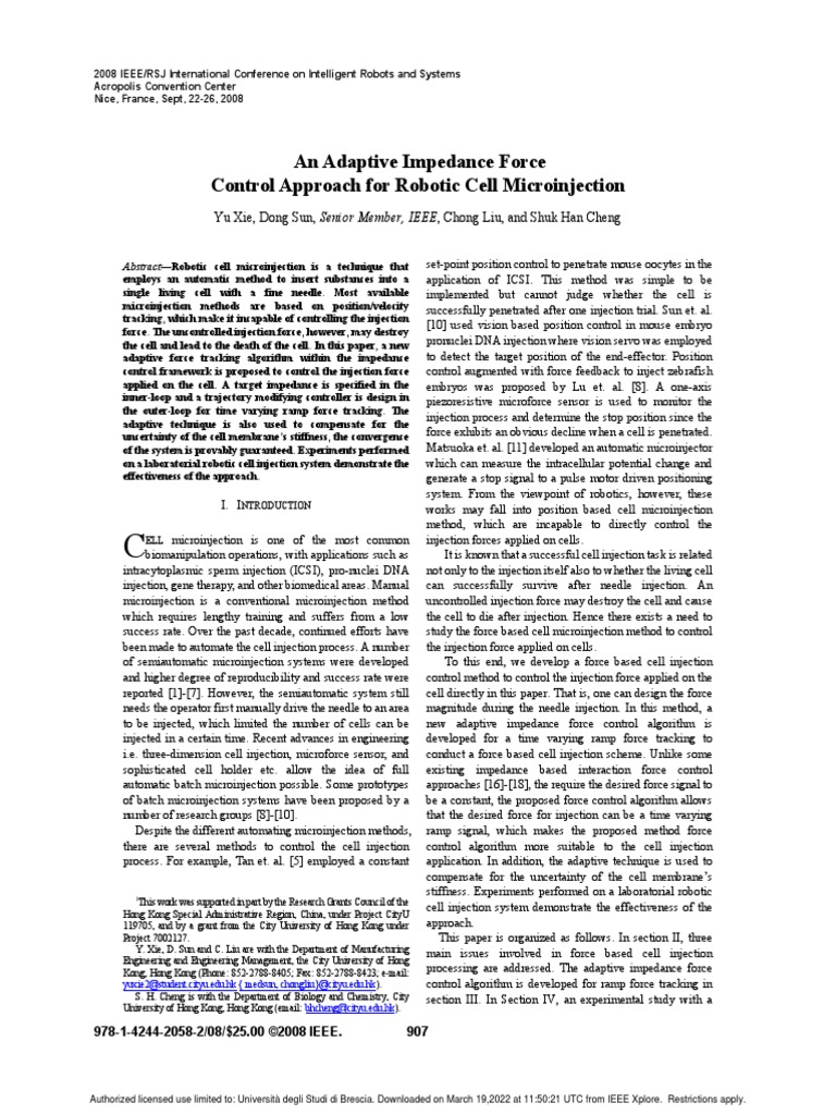 An Adaptive Impedance Force Control Approach For Robotic Cell Microinjection | PDF | Force ...